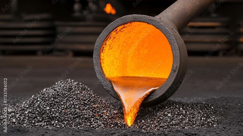 Material science alloys concept. Molten metal is poured from a crucible ...