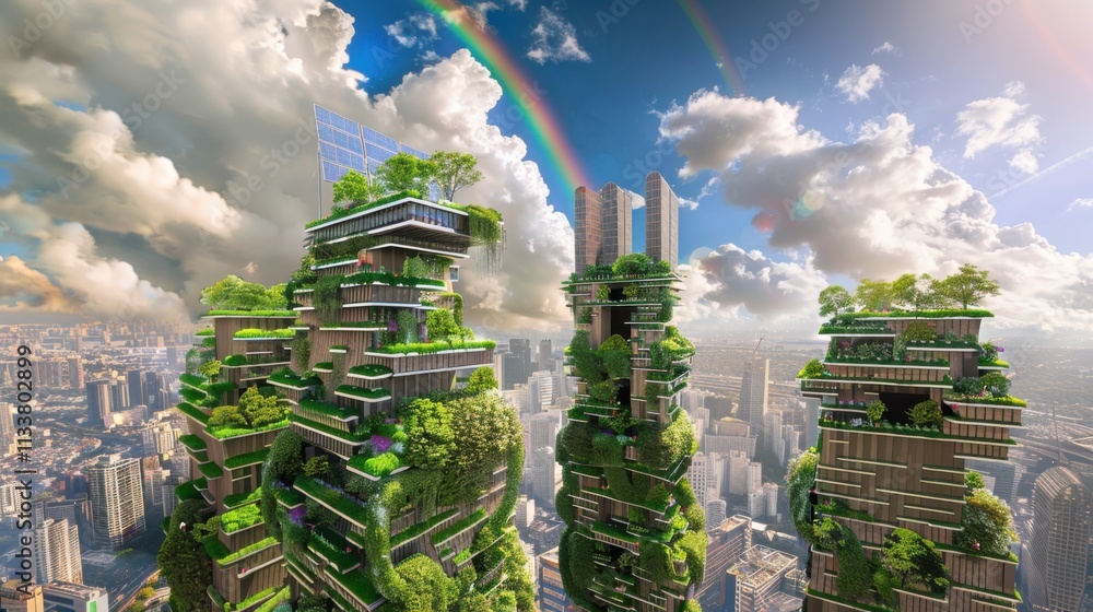 Foto de Stock A visionary depiction of a biophilic skyscraper complex ...