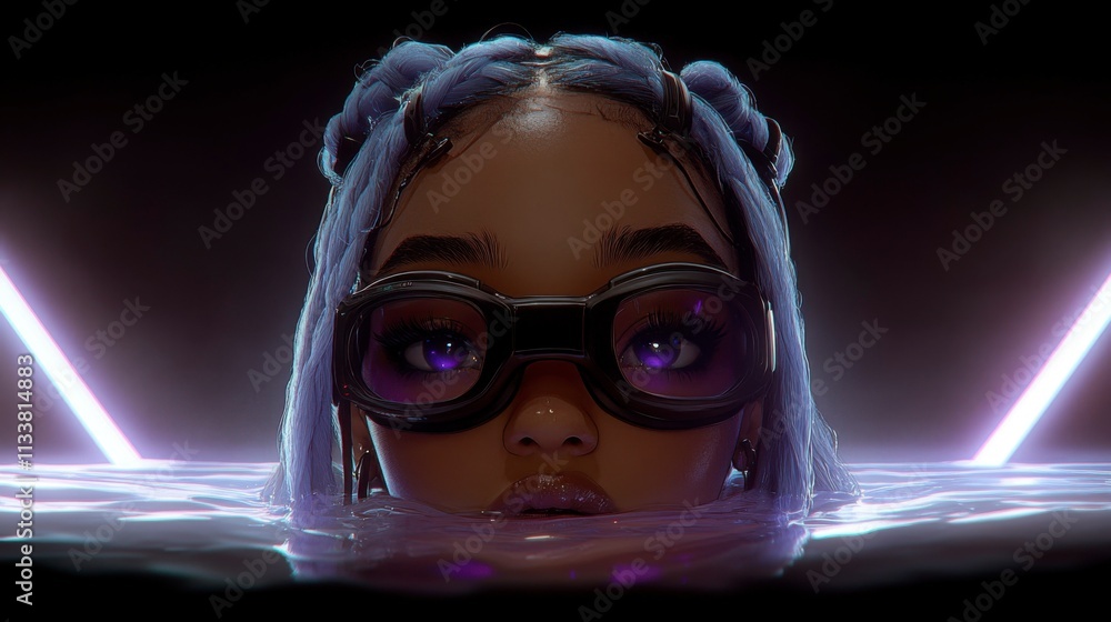 Immersive scene of a fictional girl with VR goggles in glowing liquid ...