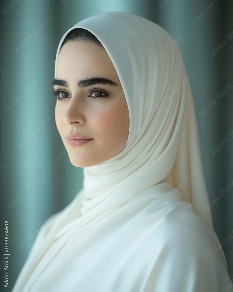 Elegant Muslim Woman in White Hijab Portrait Photography Studio Shoot ...