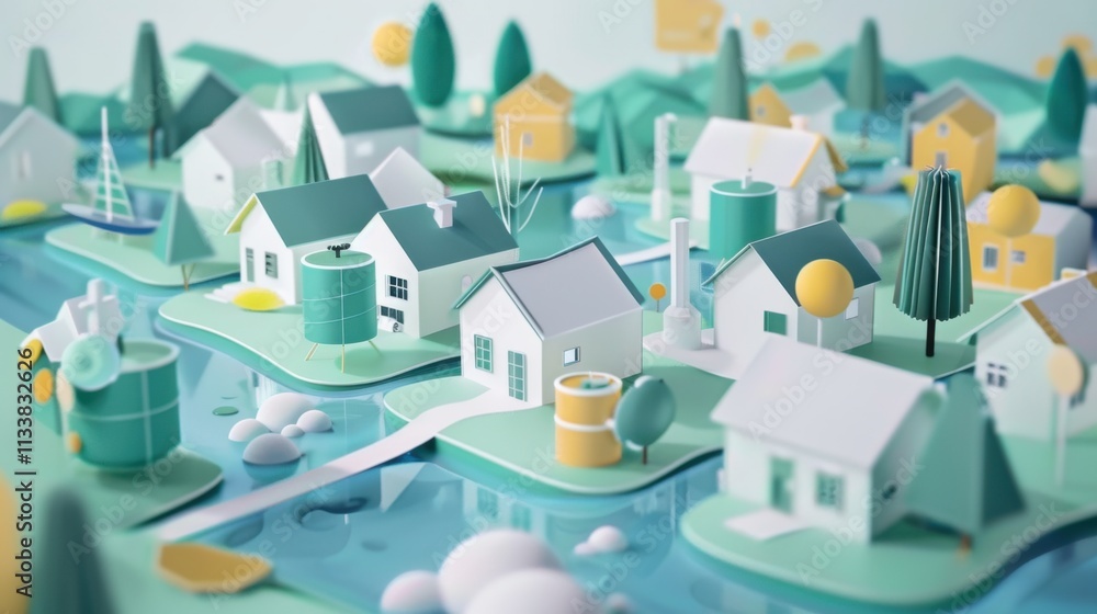 An abstract 3D animation of a sustainable water management system with ...