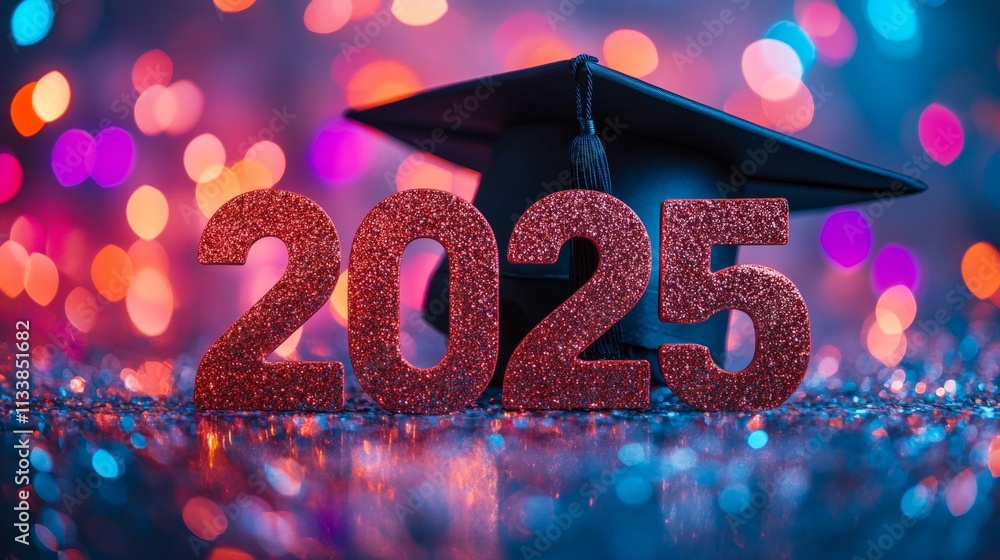 Class of 2025 Black Graduation Cap Atop Sparkling 2025 Numbers with ...