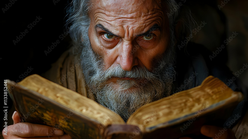 Aged Man Intensely Reads Ancient Book Mysteriously, Exploring Wisdom's ...