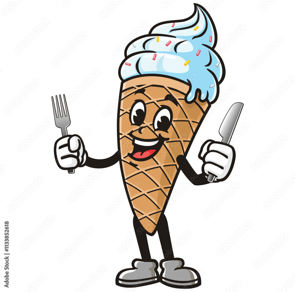 Ice Cream with fork and knife, Cartoon Character Mascot Illustration ...