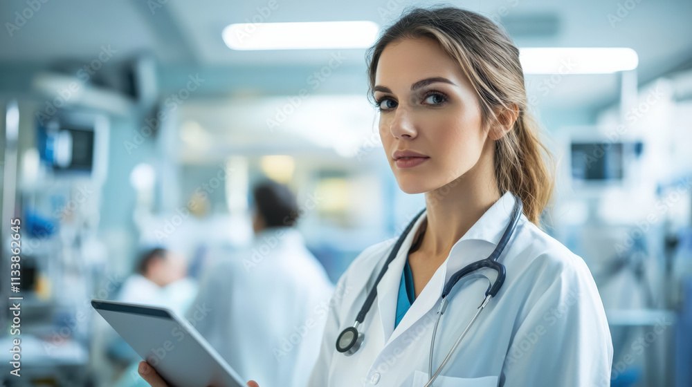 A beautiful female doctor, with medium-length hair tied back, standing ...