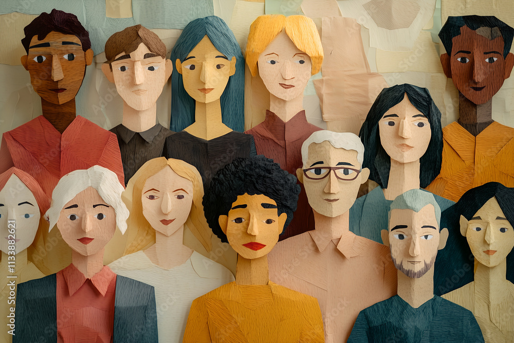 Inclusive group of people illustration. Paper craft style art, layered ...