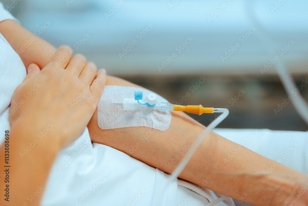 Arm of a Patient with IV Cannula Hospitalized with Dehydration. Person ...