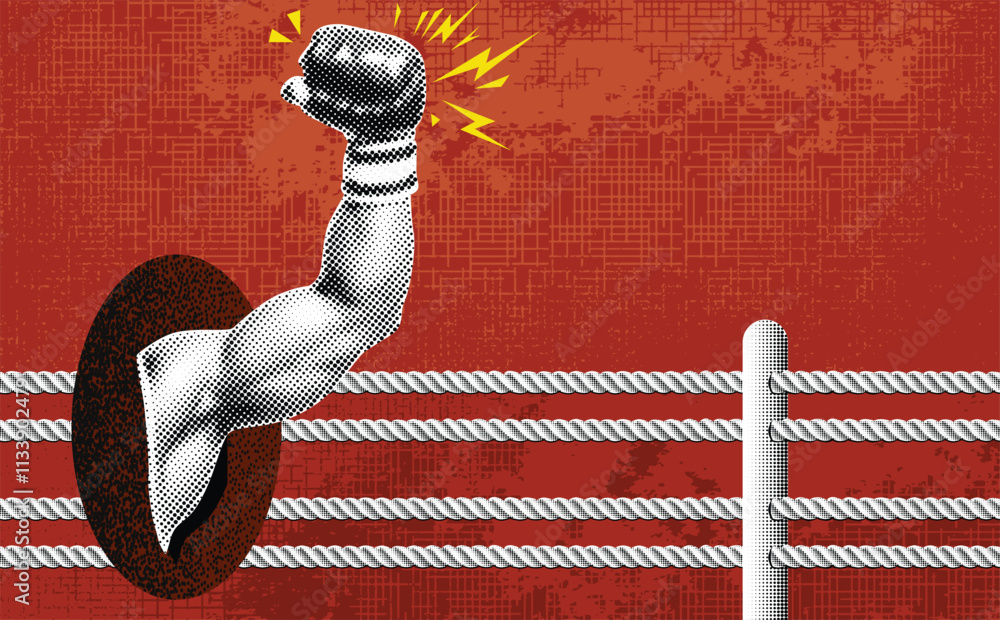 Collage vector illustration with a comic-style boxing poster featuring ...