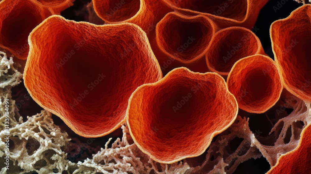 A magnified view of red blood cells, showing their unique biconcave ...