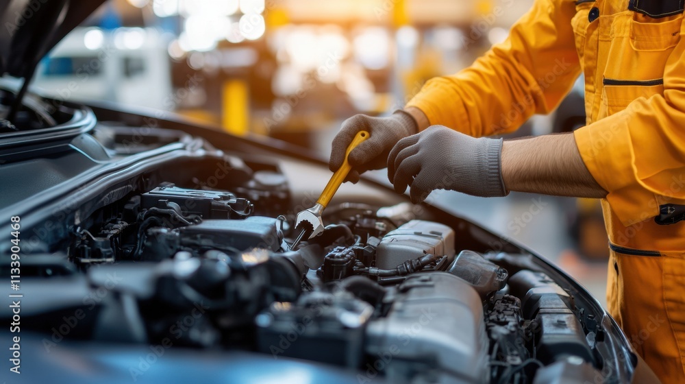 A mechanic hands holding a spanner while adjusting a car part, with a ...