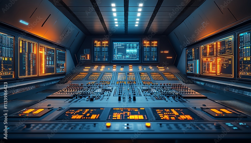Ilustração Central control panel for nuclear power plant reactor ...