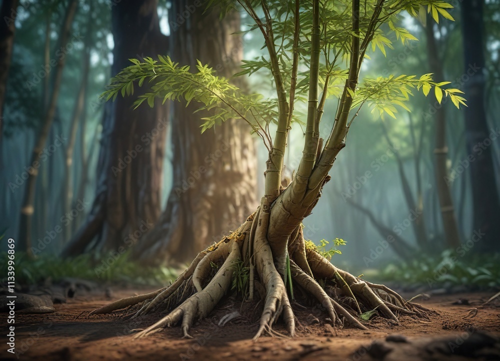 Bamboo shoots sprouting from the roots of an ancient tree, ecological ...