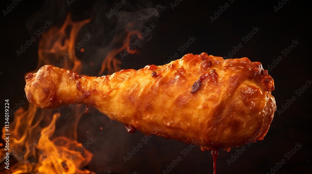 Spinning chicken drumstick with a golden crispy crust in a rustic ...