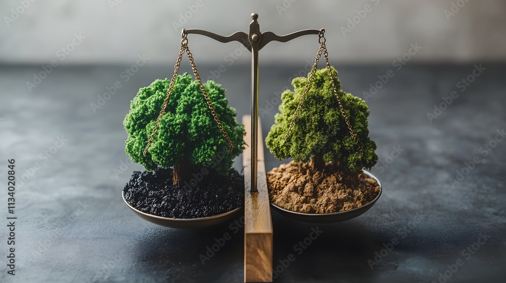 Balanced scales showing two miniature trees, one in dark soil, one in ...