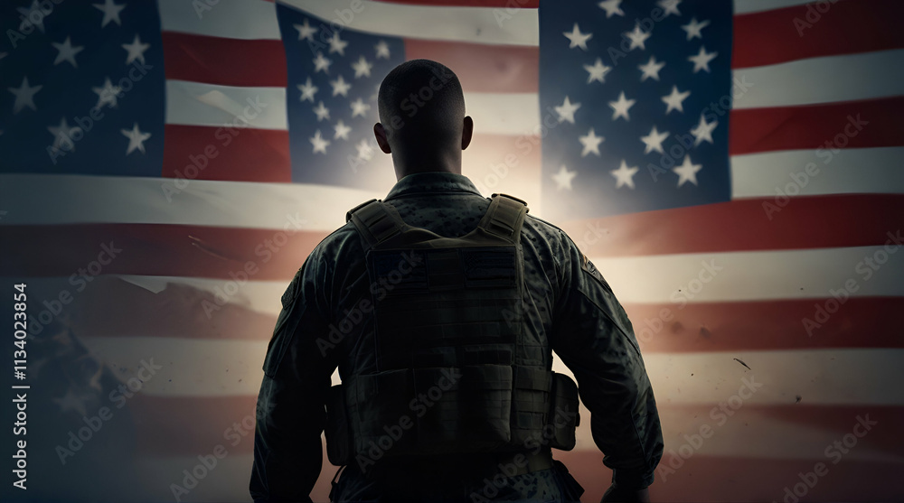Silhouette of veteran US Army Colonel Chaplain wearing hat and saluting ...