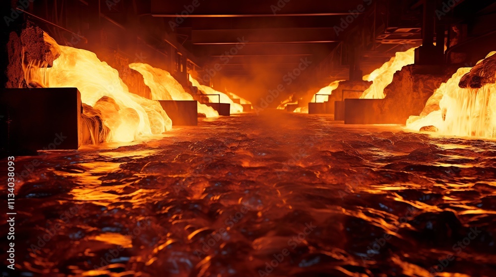 Ilustración de Stock Molten steel streaming through intricate channels ...