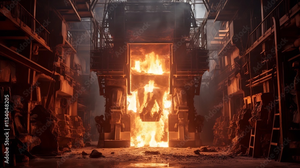 Ilustración de Stock Intense flames and molten metal pouring through an ...