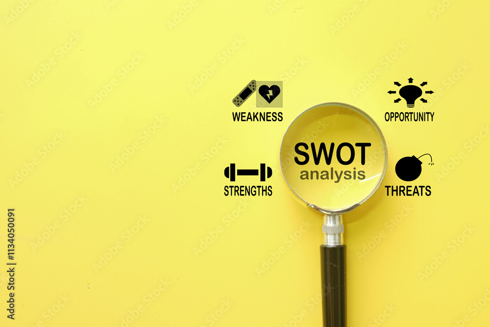SWOT Analysis Infographic Design under magnifying glass over yellow ...