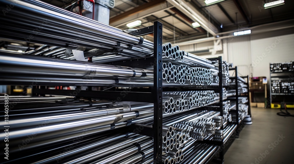 Rows of polished and gleaming aluminum tubing neatly arranged and ...