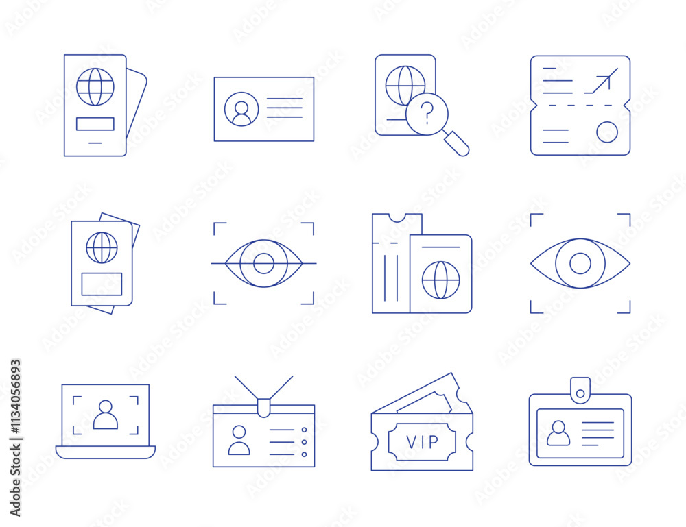 Identity icons. Thin Line style, editable stroke. visa, tickets ...