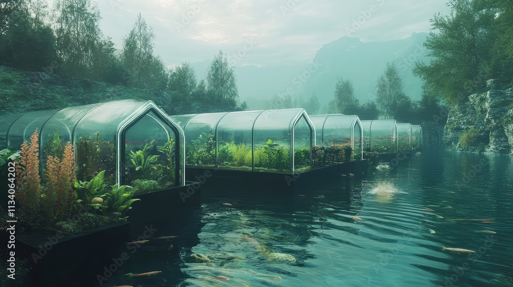 An underwater farm structure, with clear tanks for cultivating aquatic ...