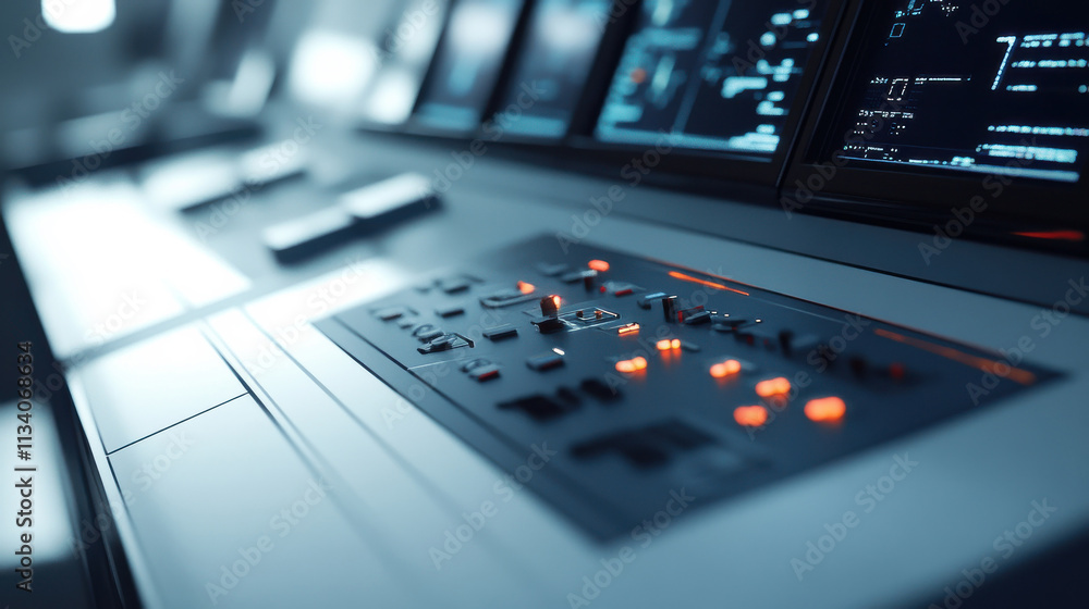 Audio mixing console with control panel and buttons in a professional ...
