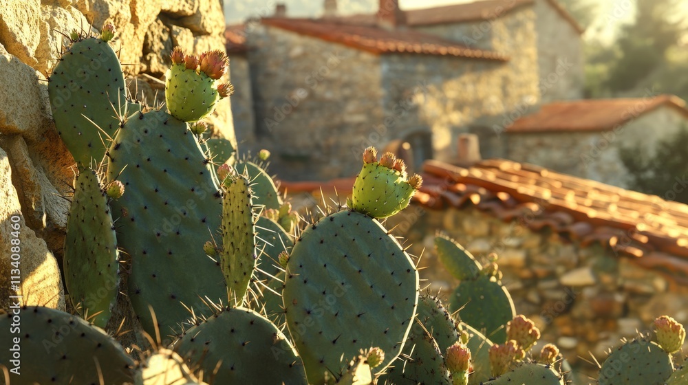 Close-up of prickly pear cacti with spines and budding fruit Sunlight ...