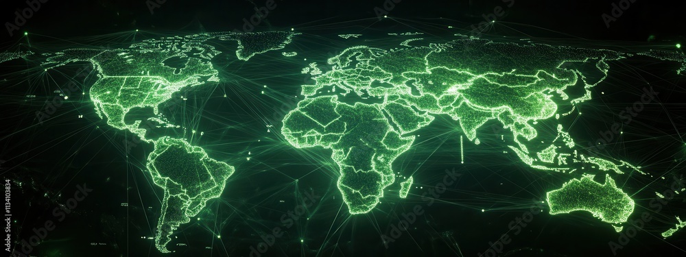 Futuristic Green World Map Design Featuring Digital Lines and Nodes ...