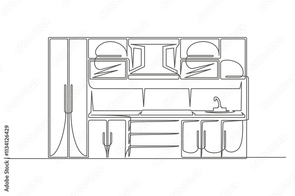 Continuous one line drawing kitchen isolated on white background ...