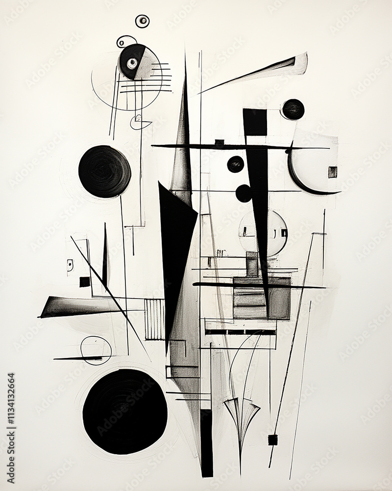 Pencil and ink drawing of shapes and objects, minimalist pop art style ...
