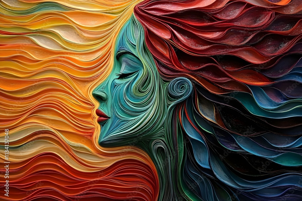 abstract art piece featuring the side view of a woman's head, sculpted ...