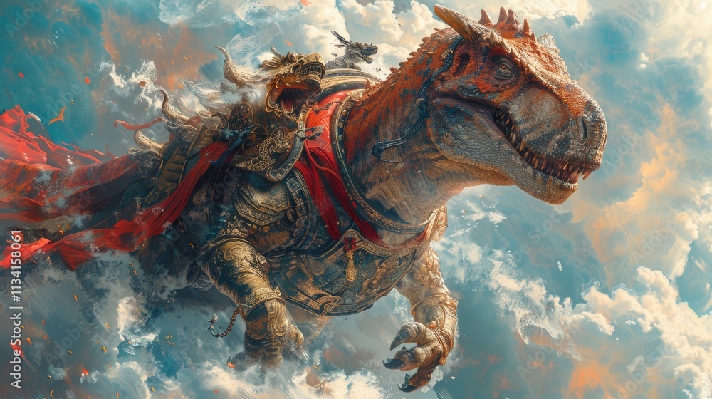 Tyrannosaurus rex is wearing ancient general armor, with a handsome ...