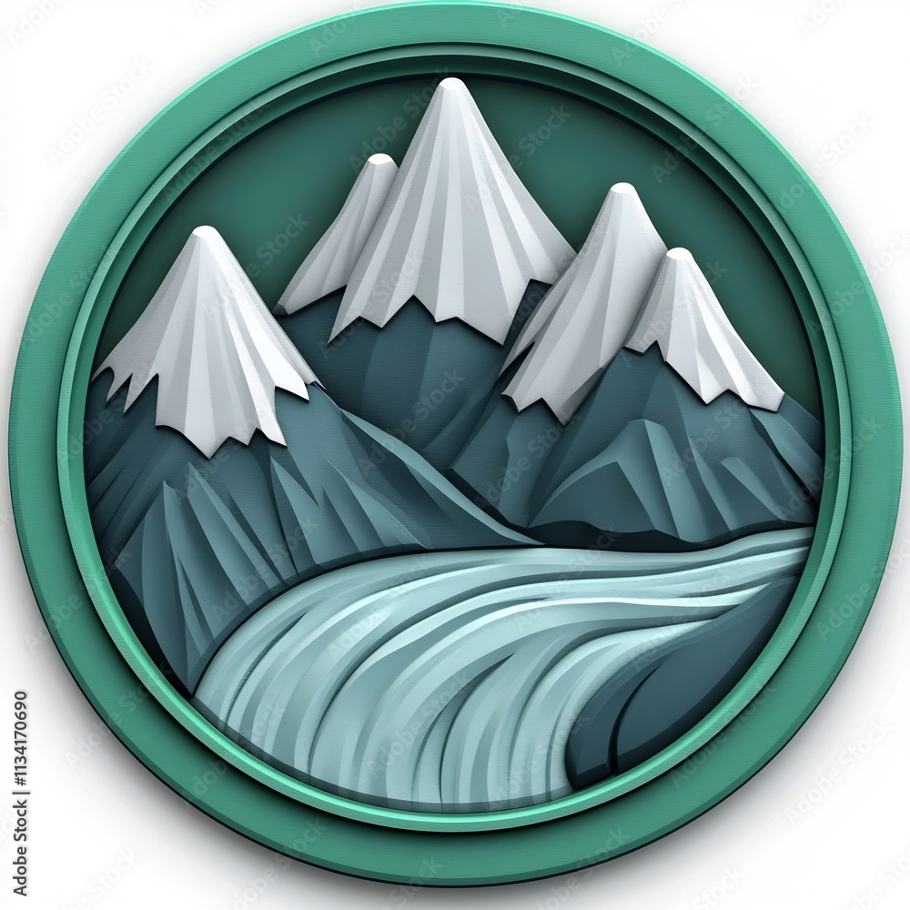 Majestic Mountain and Flowing River Emblem Circular 3D Landscape Logo ...