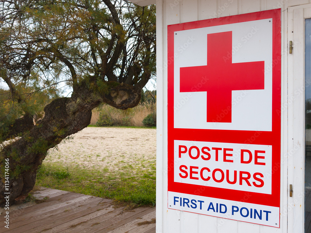 poste de secours french text means first aid point sign with red cross ...