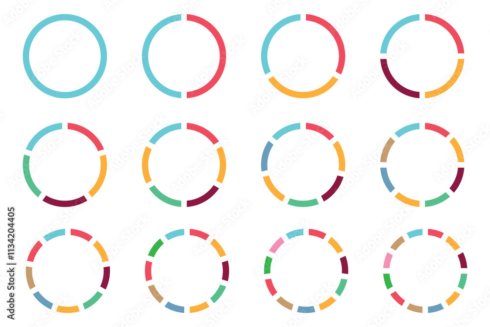 Pie chart icons. Segment slice signs. Round diagram line wheel segment and fraction. Circle ...
