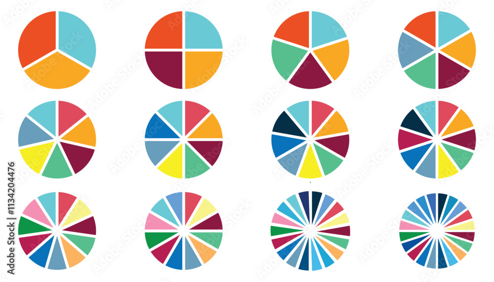 Vector de Stock Pie chart color set. Pie chart divided 1,2,3,4,5,6,7,8,9,10,11,12 equal parts ...