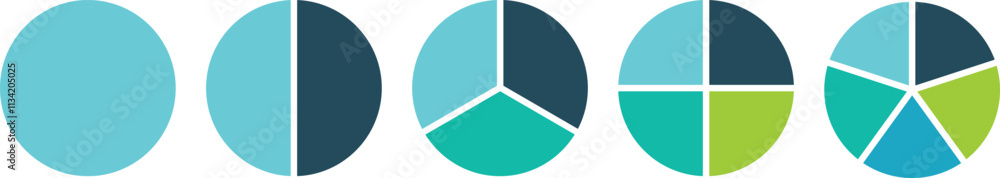Pie chart blue color icons. Segment slice sign. Circle section graph. 1,2,3,4,5 segment ...