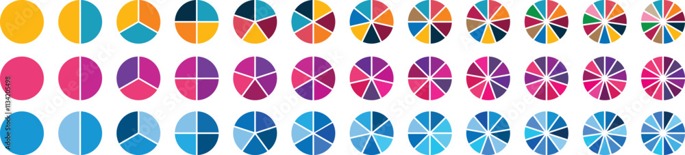 Pie chart set. Circle section graphs. Pie chart divided 1,2,3,4,5,6,7,8 ...