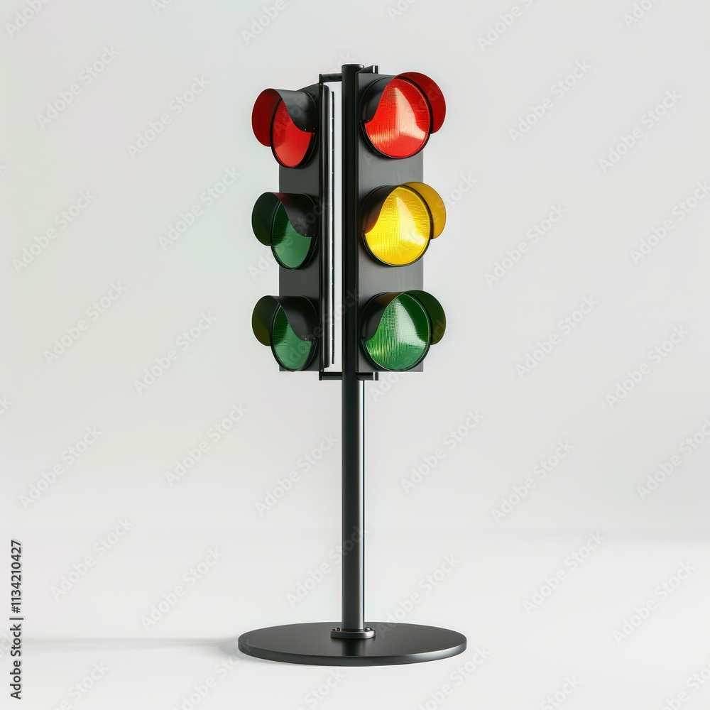Four way traffic light standing on a pole showing green and yellow ...