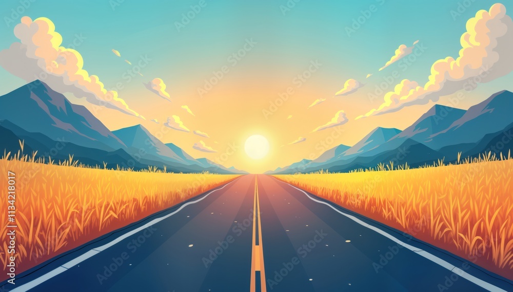 Road stretching through golden field under sunset sky. Mountain range ...