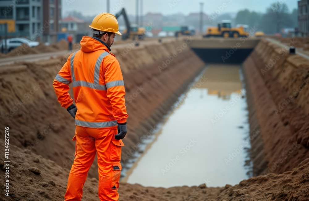 Construction worker in safety uniform oversees water drainage ...