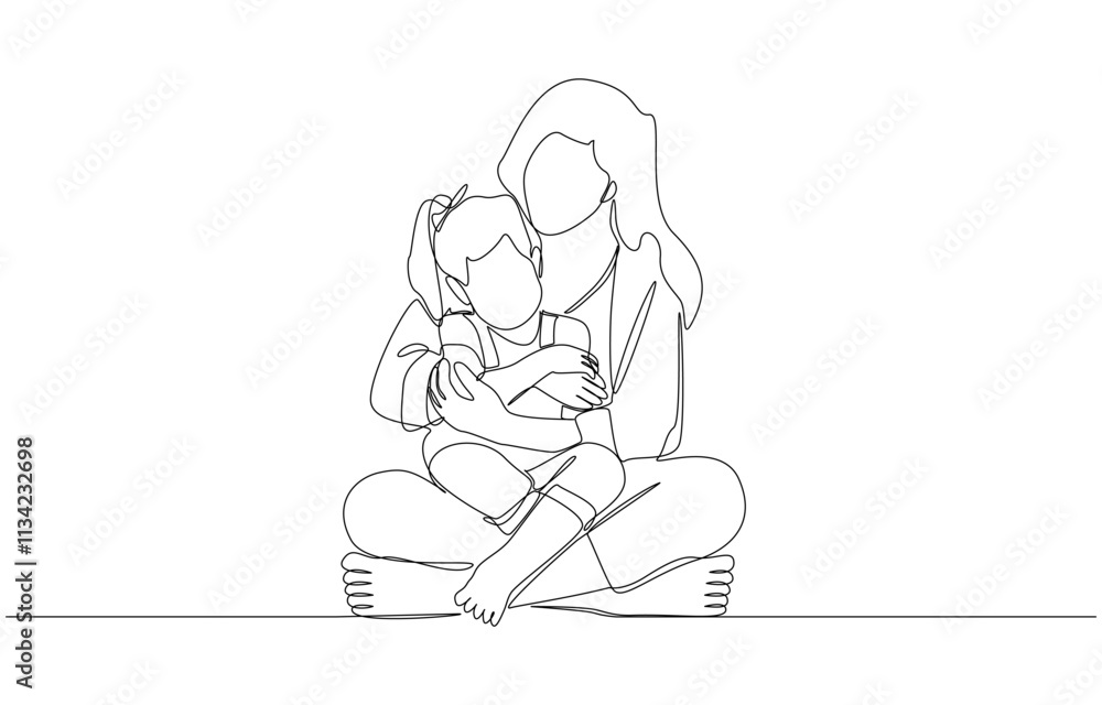 Continuous one line drawing of mom hugging little daughter on her lap ...
