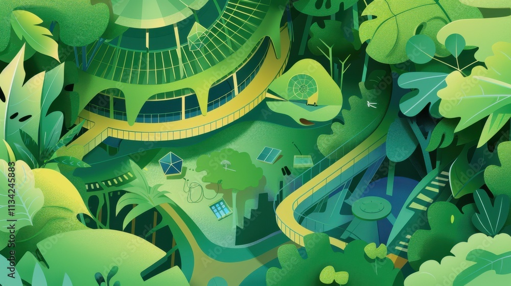 A dynamic illustration of a green technology hub in a tropical ...