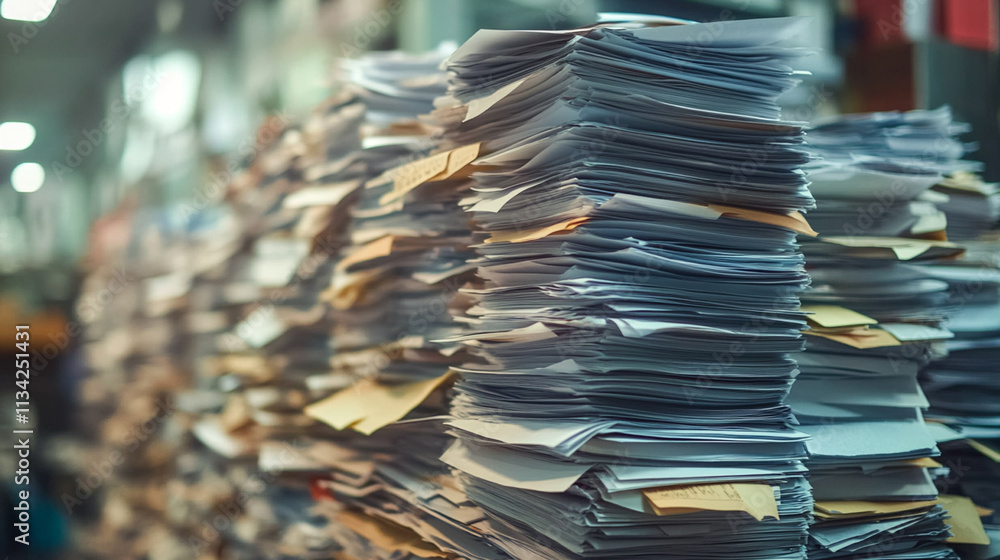 Stacked Document Papers with Yellow Notes in a Busy Office Environment ...