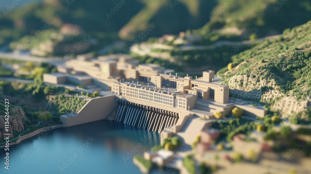 High angle, stylized 3D model of a dam and hydroelectric power plant nestled in a mountainous ...