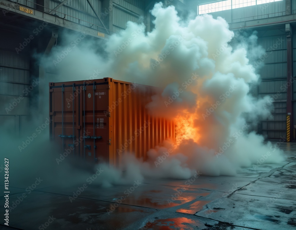 Orange cargo container engulfed in fire inside industrial warehouse ...