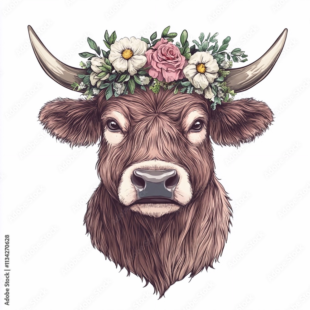 Taurus. Cute zodiac sign with a colorful wreath of flowers on his head ...