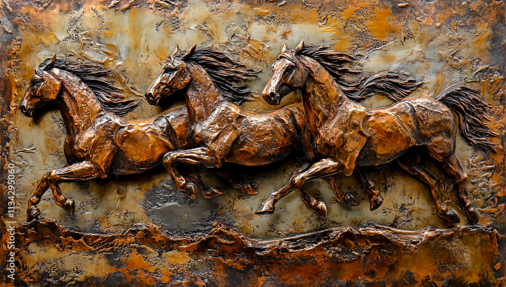 "Textured Horses Running, Oil Painting on Copper Sheet Metal with ...