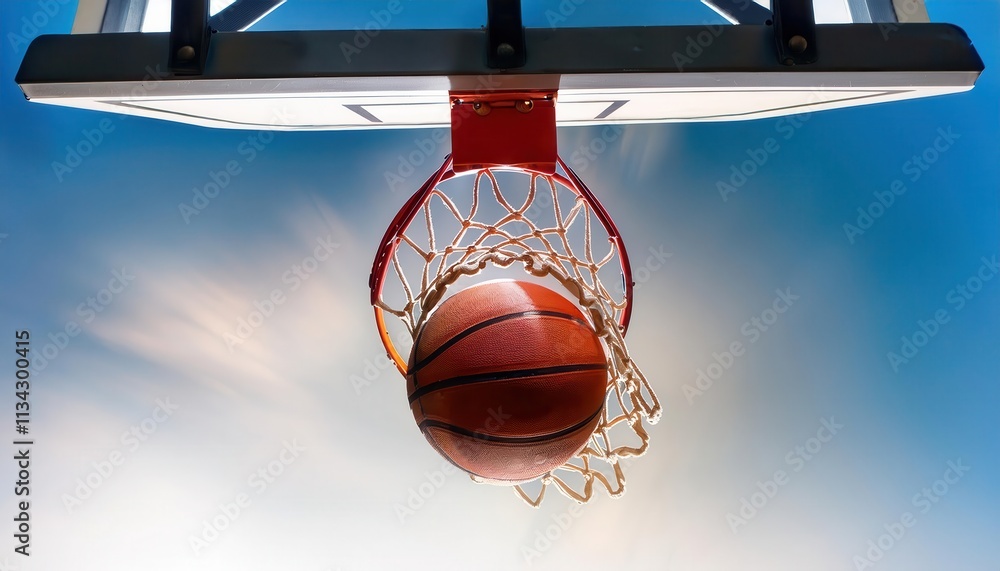 Close-Up Basketball Swish Shot Through Hoop and Net Against Clear Blue ...