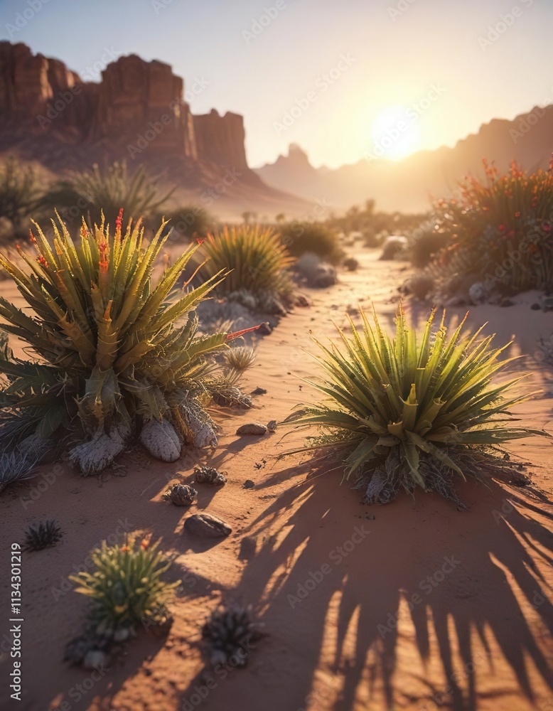 Morning sun rising over the desert floor with spiny plants, wildflowers ...